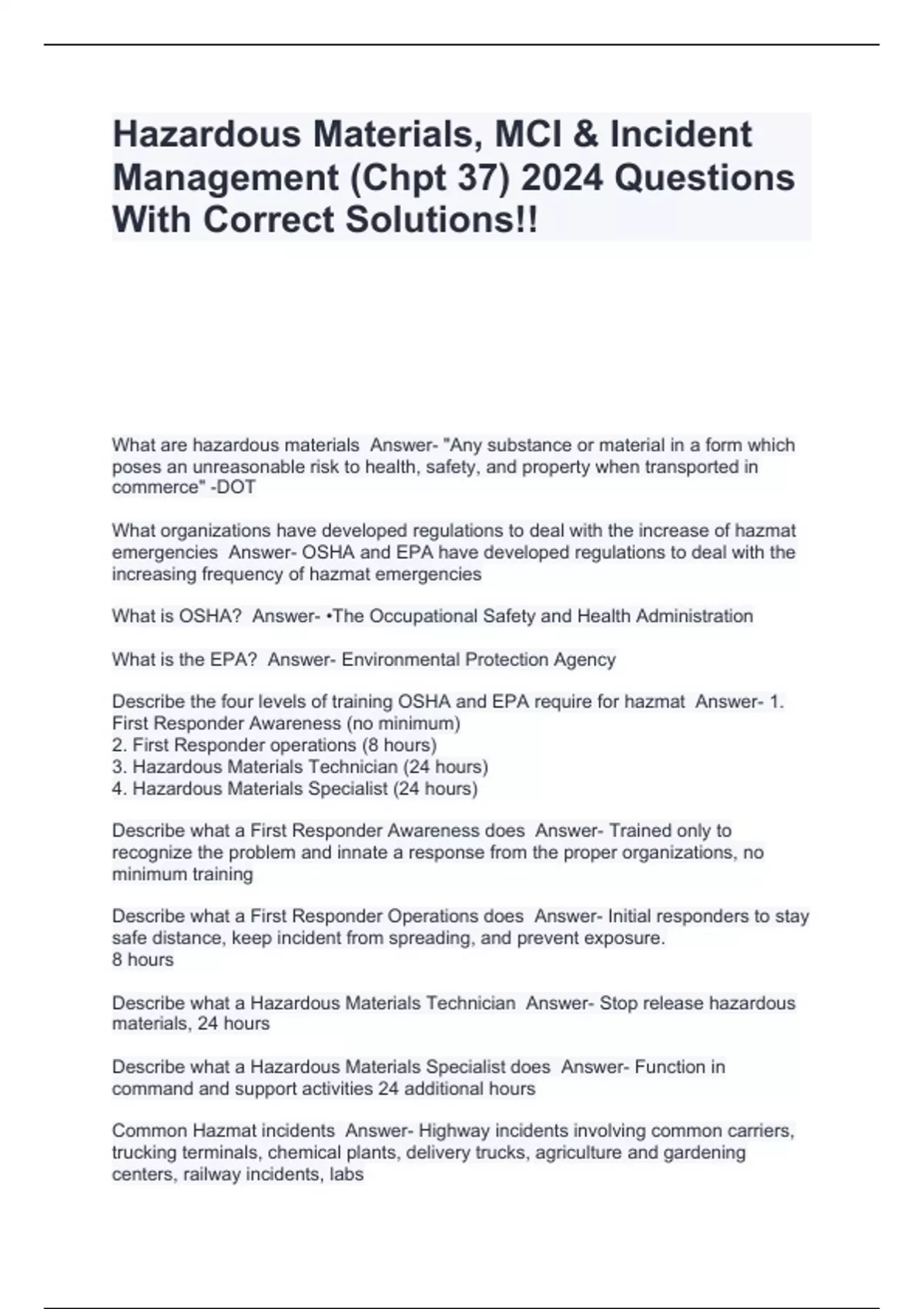 Hazardous Materials, MCI & Incident Management (Chpt 37) 2024 Questions ...
