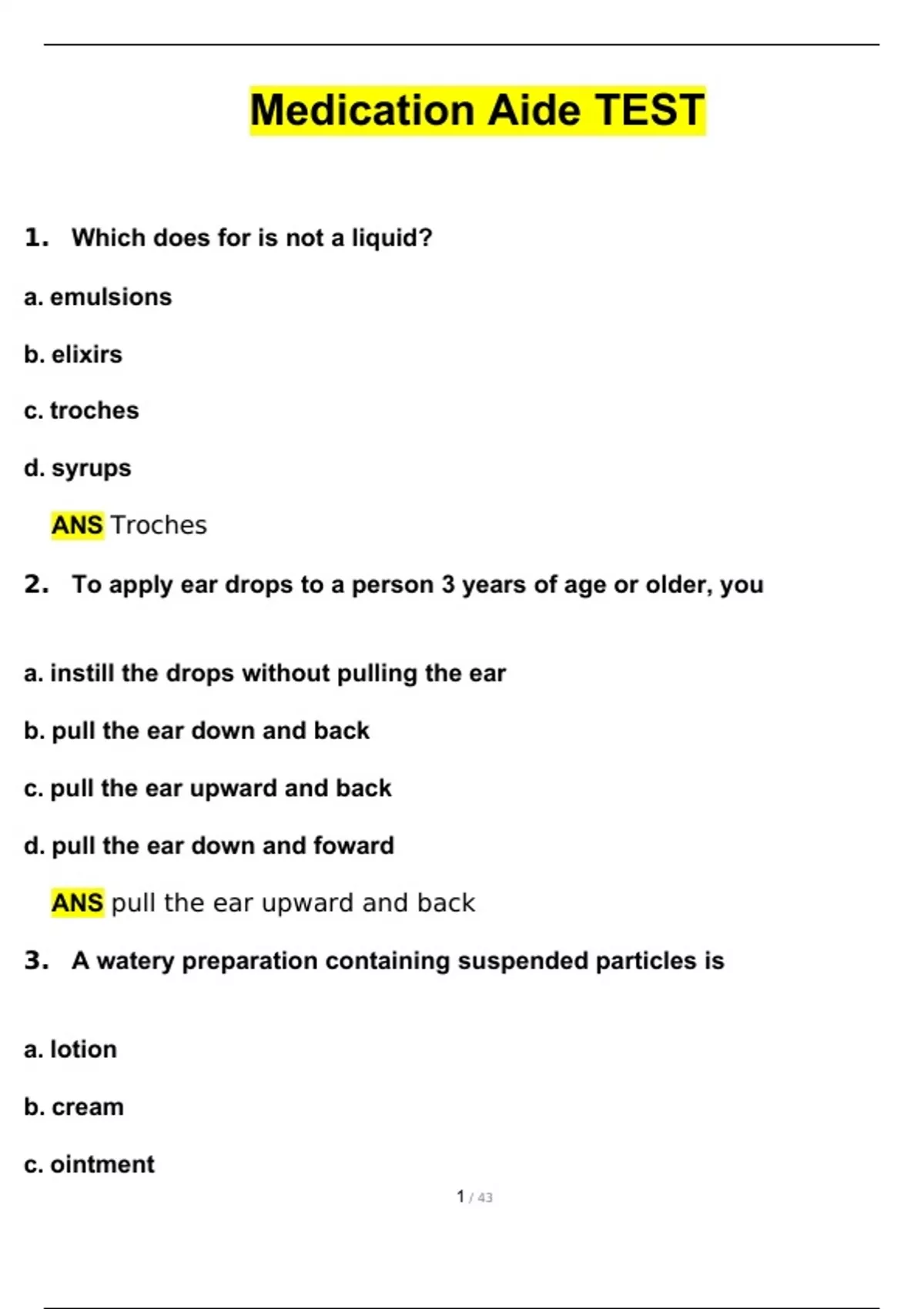 Medication Aide Test Latest 2024 Updated Questions And Answers 2024 2025 Verified Answers