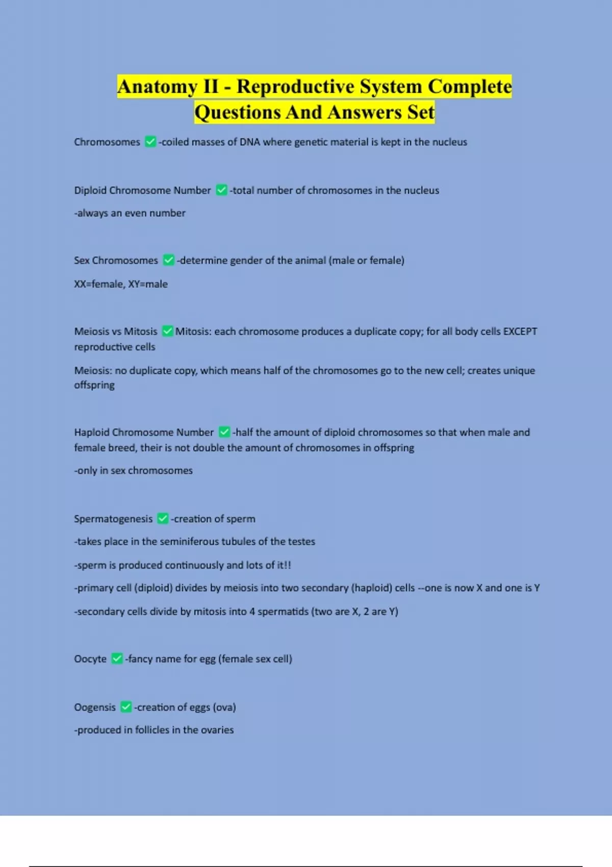 Anatomy II - Reproductive System Complete Questions And Answers Set ...