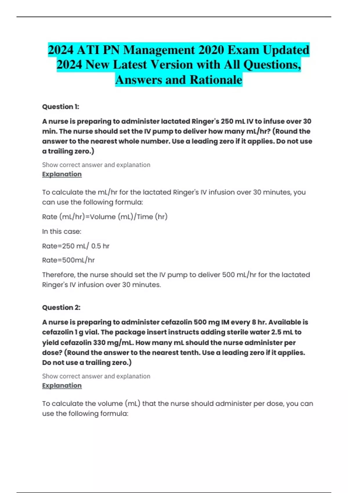 2024 ATI PN Management 2020 Exam Updated 2024 New Latest Version with ...