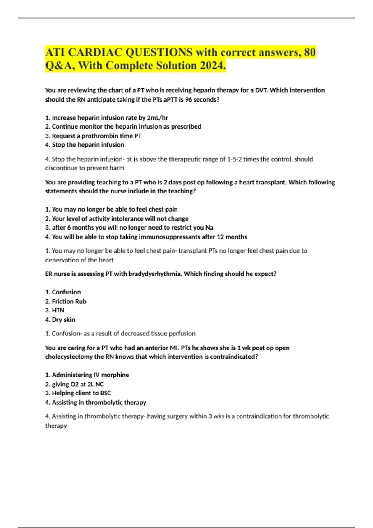 ATI CARDIAC QUESTIONS with correct answers, 80 Q&A, With Complete ...