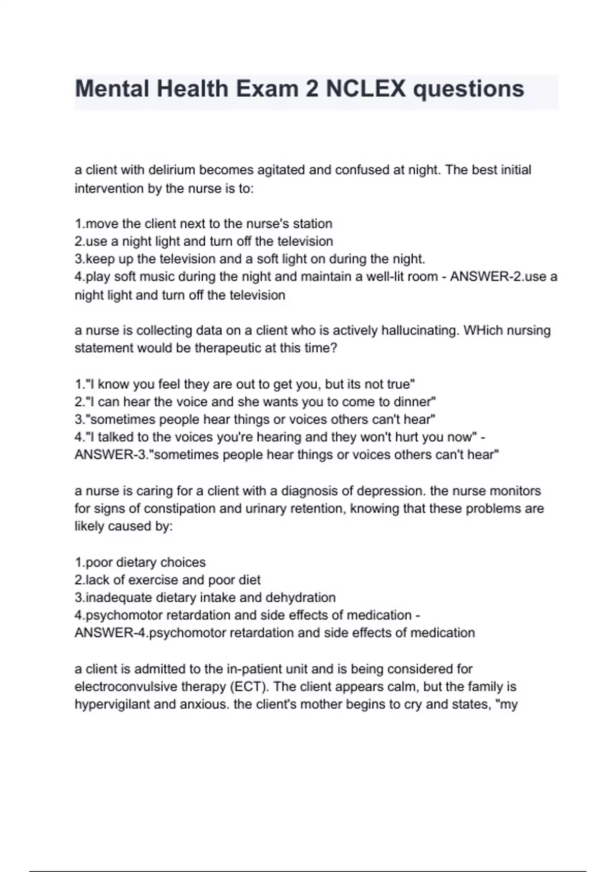 Mental Health Exam 2 NCLEX Questions with 100% Correct Answers ...