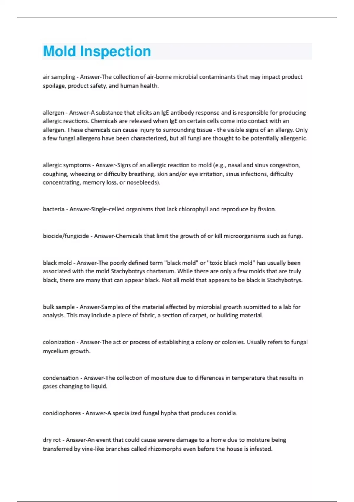 Mold Inspection Questions With All Correct Answers!! - Mold Inspection ...