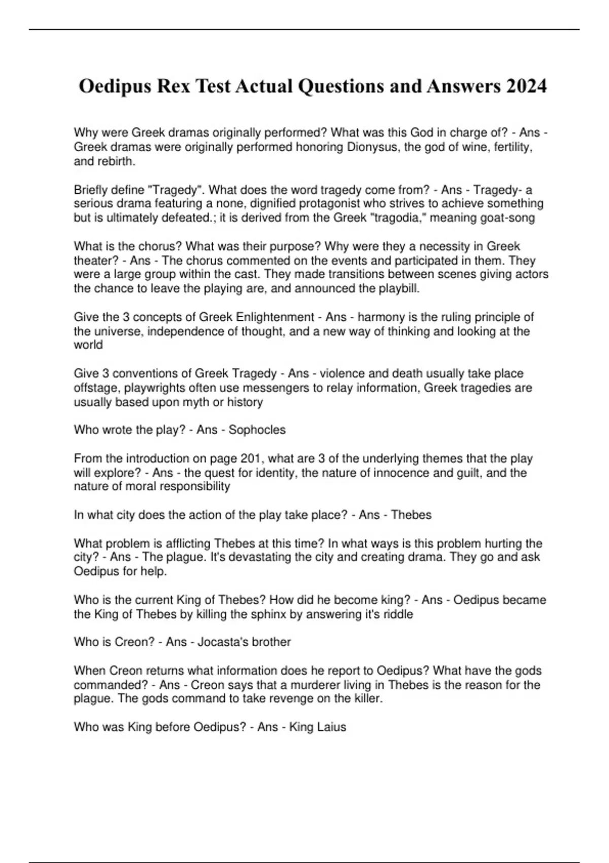 Oedipus Rex Test Actual Questions and Answers 2024 - Oedipus - Stuvia US