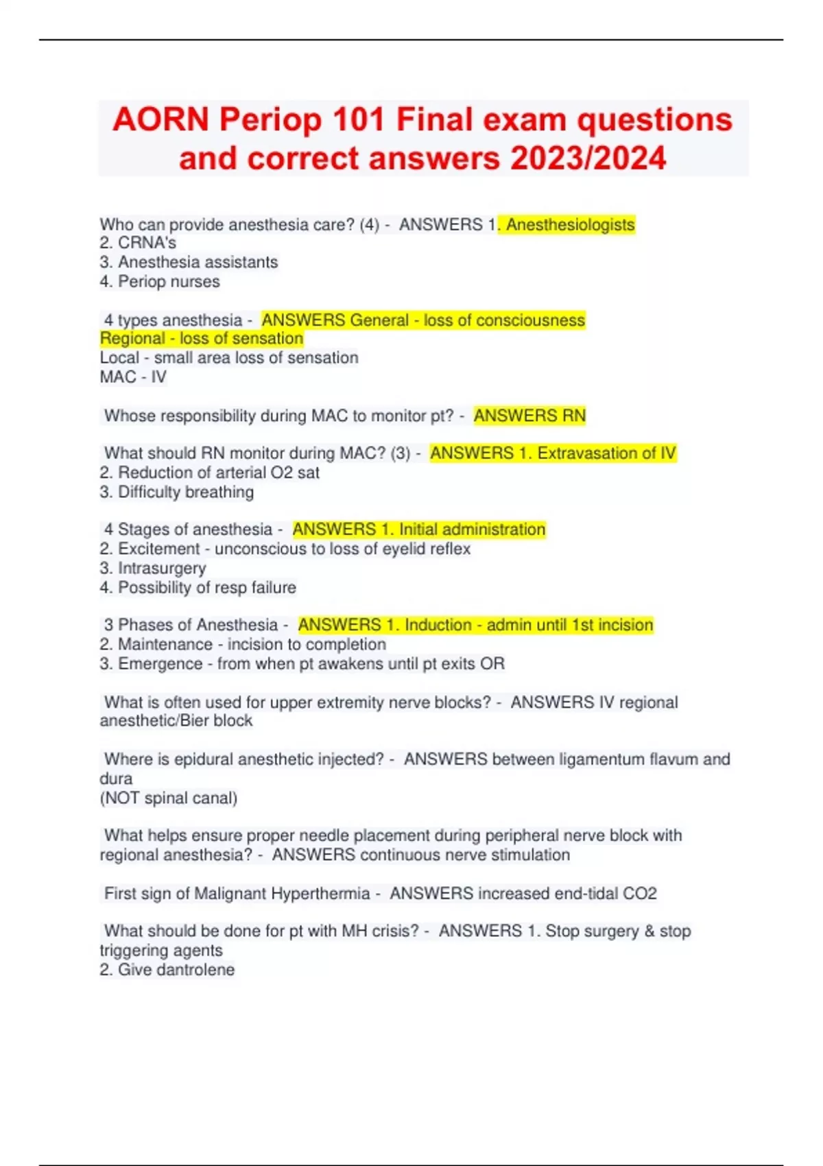 AORN Periop 101 Final Exam Questions And Correct Answers 2023 2024