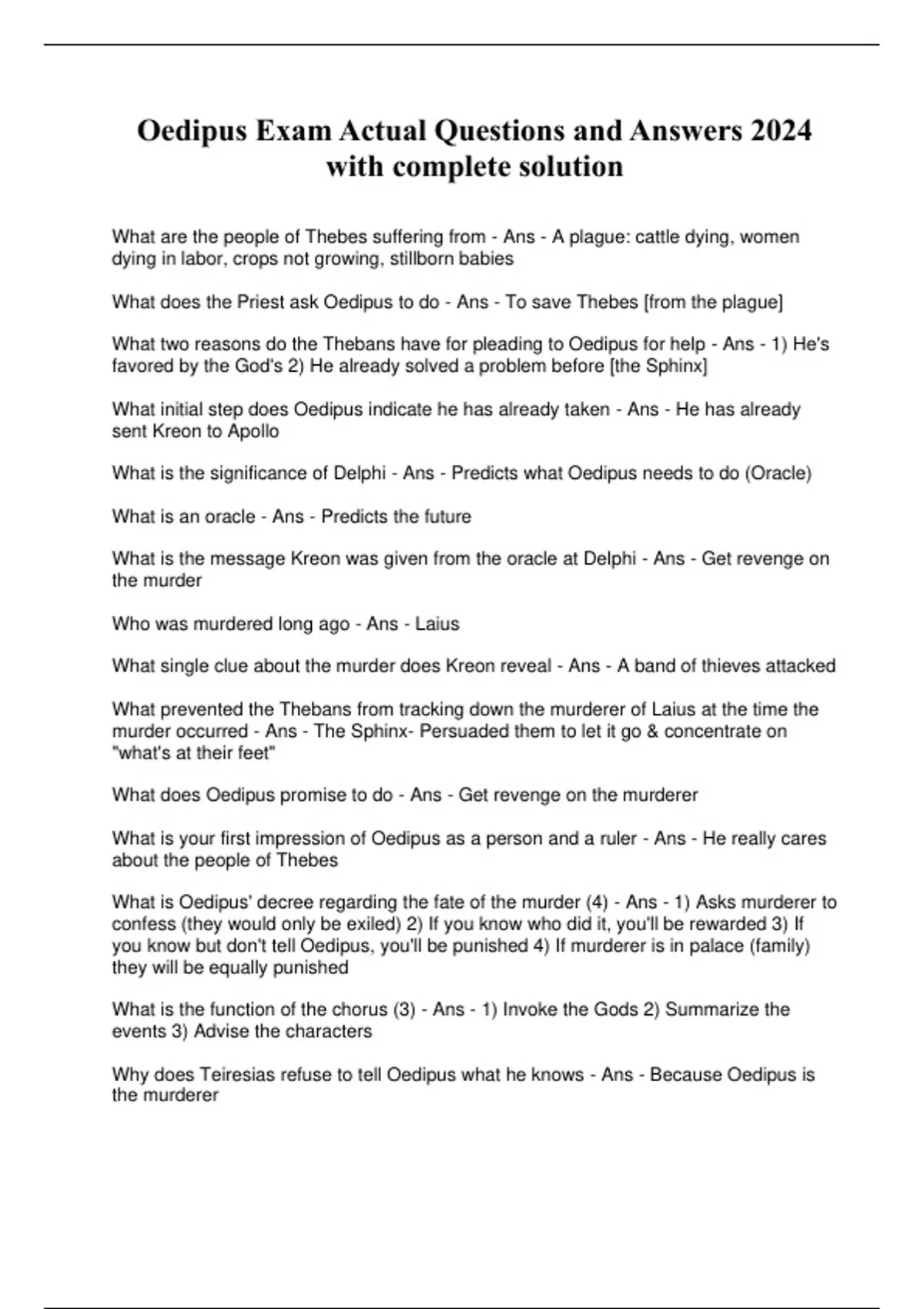 Oedipus Exam Actual Questions and Answers 2024 with complete solution ...