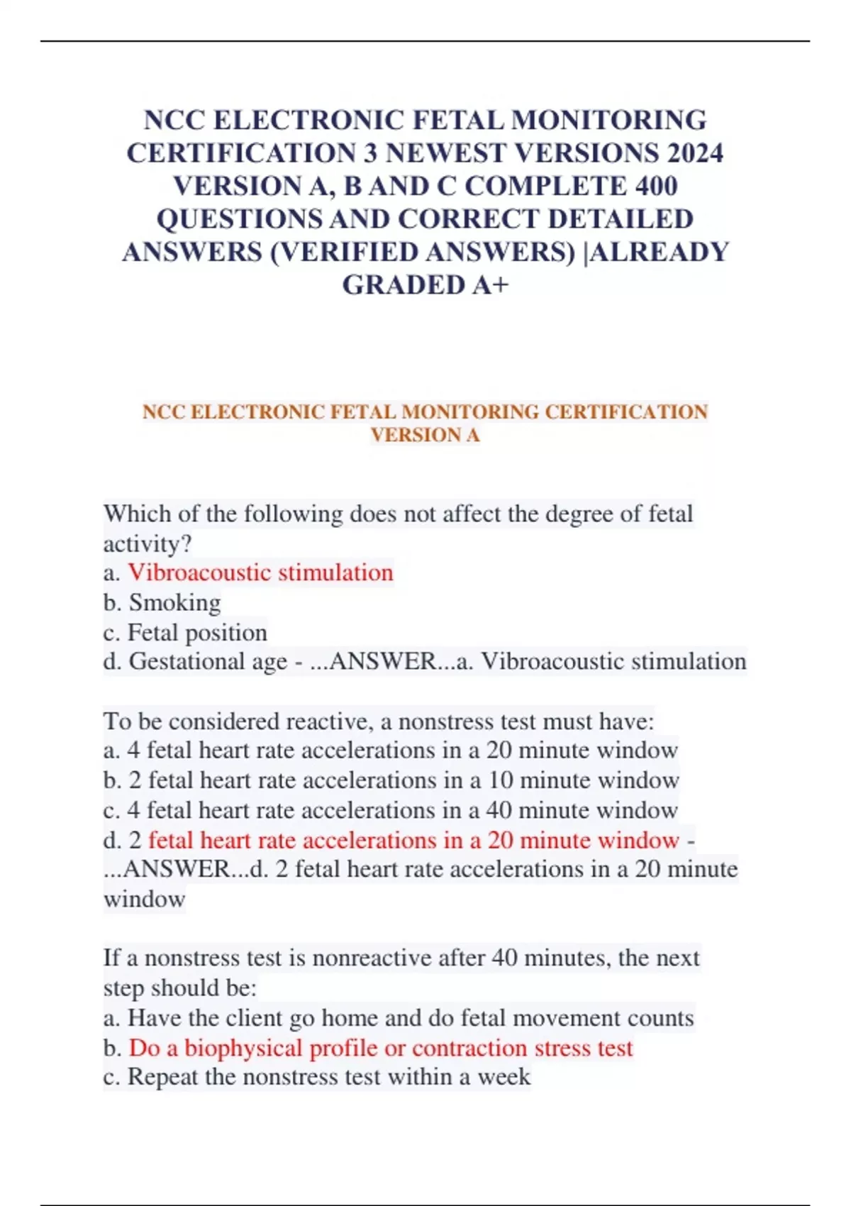 NCC ELECTRONIC FETAL MONITORING CERTIFICATION 3 NEWEST VERSIONS 2024 VERSION A, B AND C COMPLETE ...