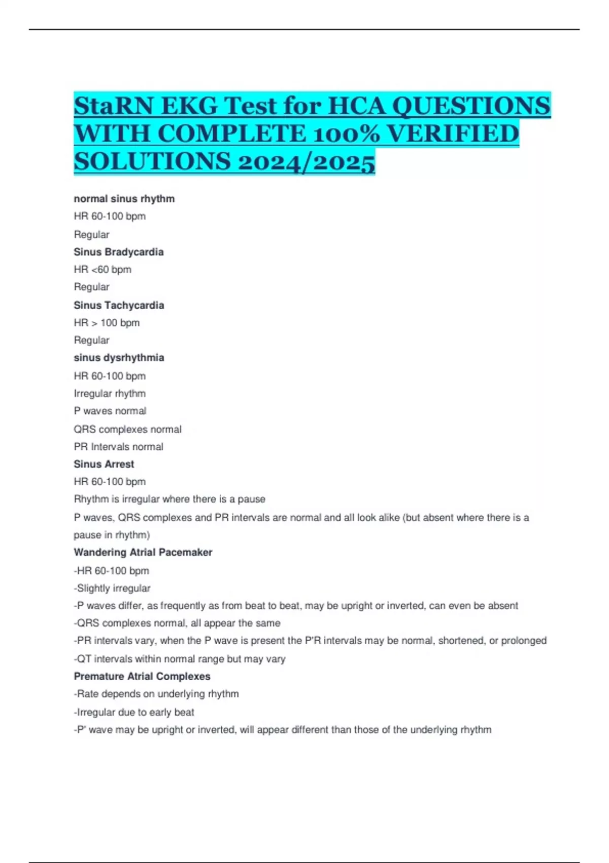 StaRN EKG Test for HCA QUESTIONS WITH COMPLETE 100% VERIFIED SOLUTIONS ...