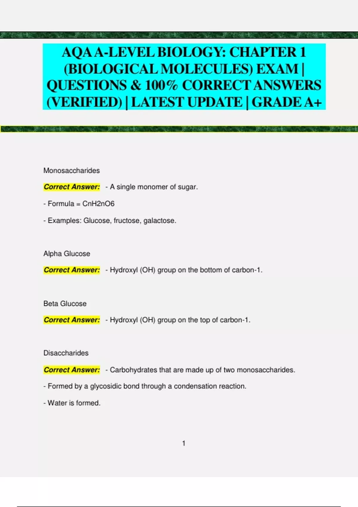 AQA A-LEVEL BIOLOGY: CHAPTER 1 (BIOLOGICAL MOLECULES) EXAM | QUESTIONS & 100% CORRECT ANSWERS ...