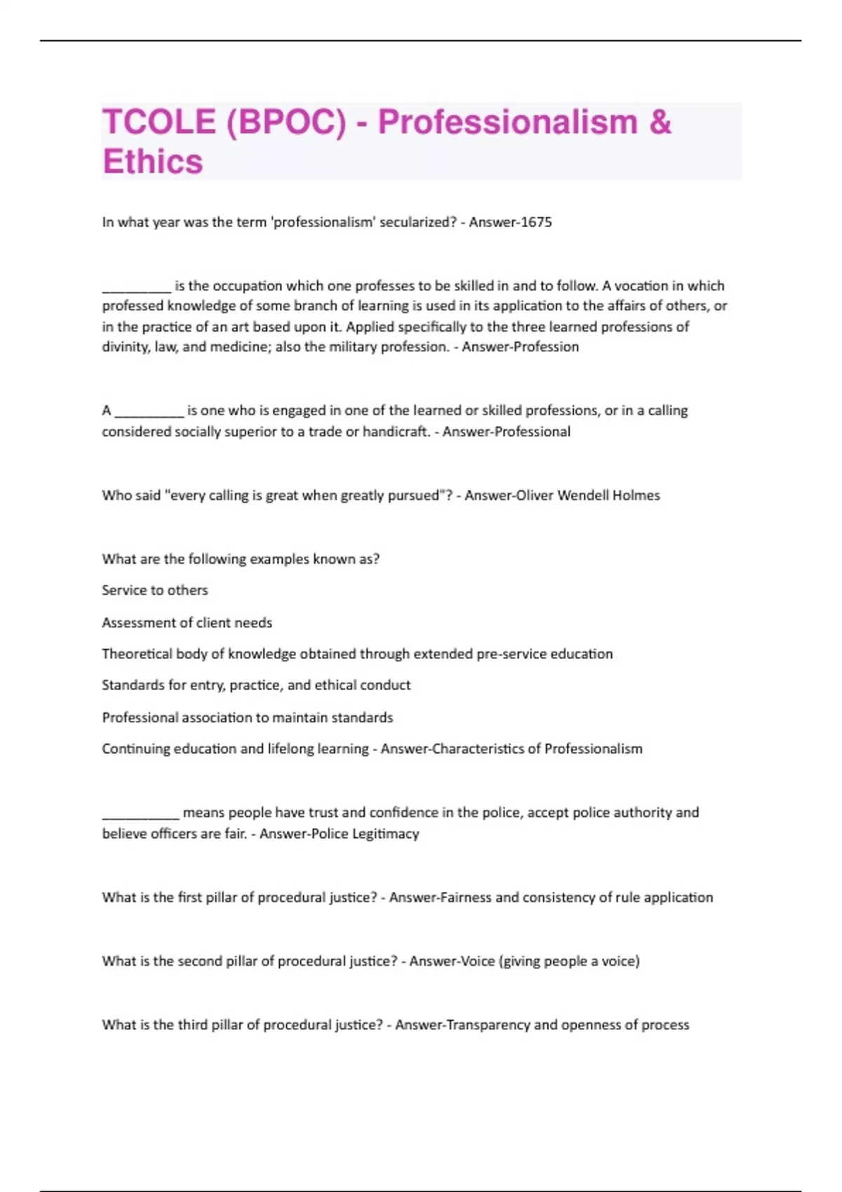 TCOLE (BPOC) - Professionalism & Ethics Questions With Correct Answers ...