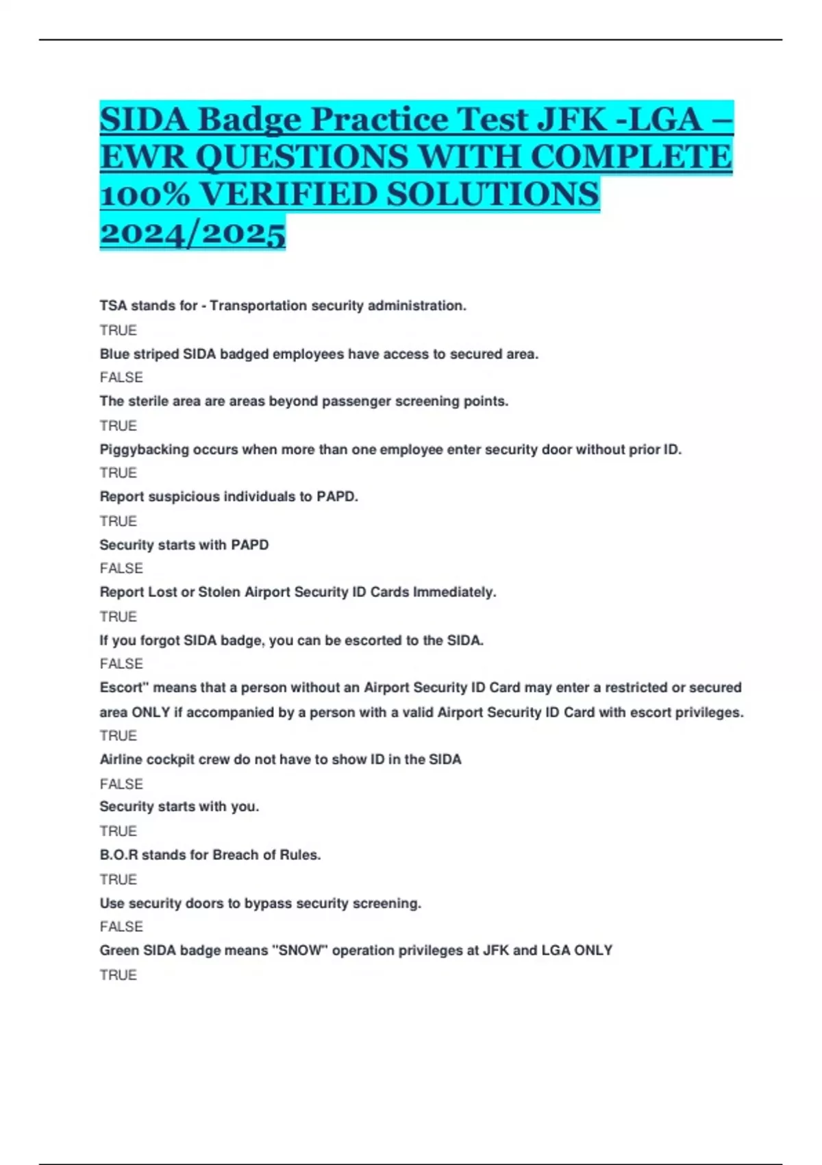 SIDA Badge Practice Test JFK -LGA –EWR QUESTIONS WITH COMPLETE 100% ...