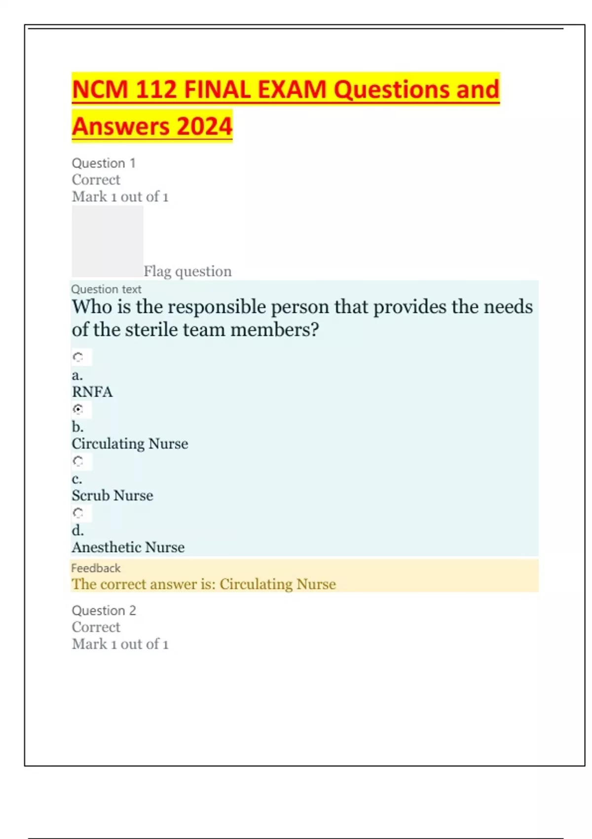 NCM 112 FINAL EXAM Questions and Answers 2024.pdf - NCM 112 - Stuvia US