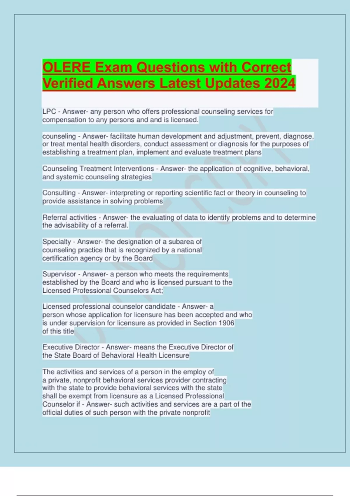 OLERE Exam Questions with Correct Verified Answers Latest Updates 2024 ...