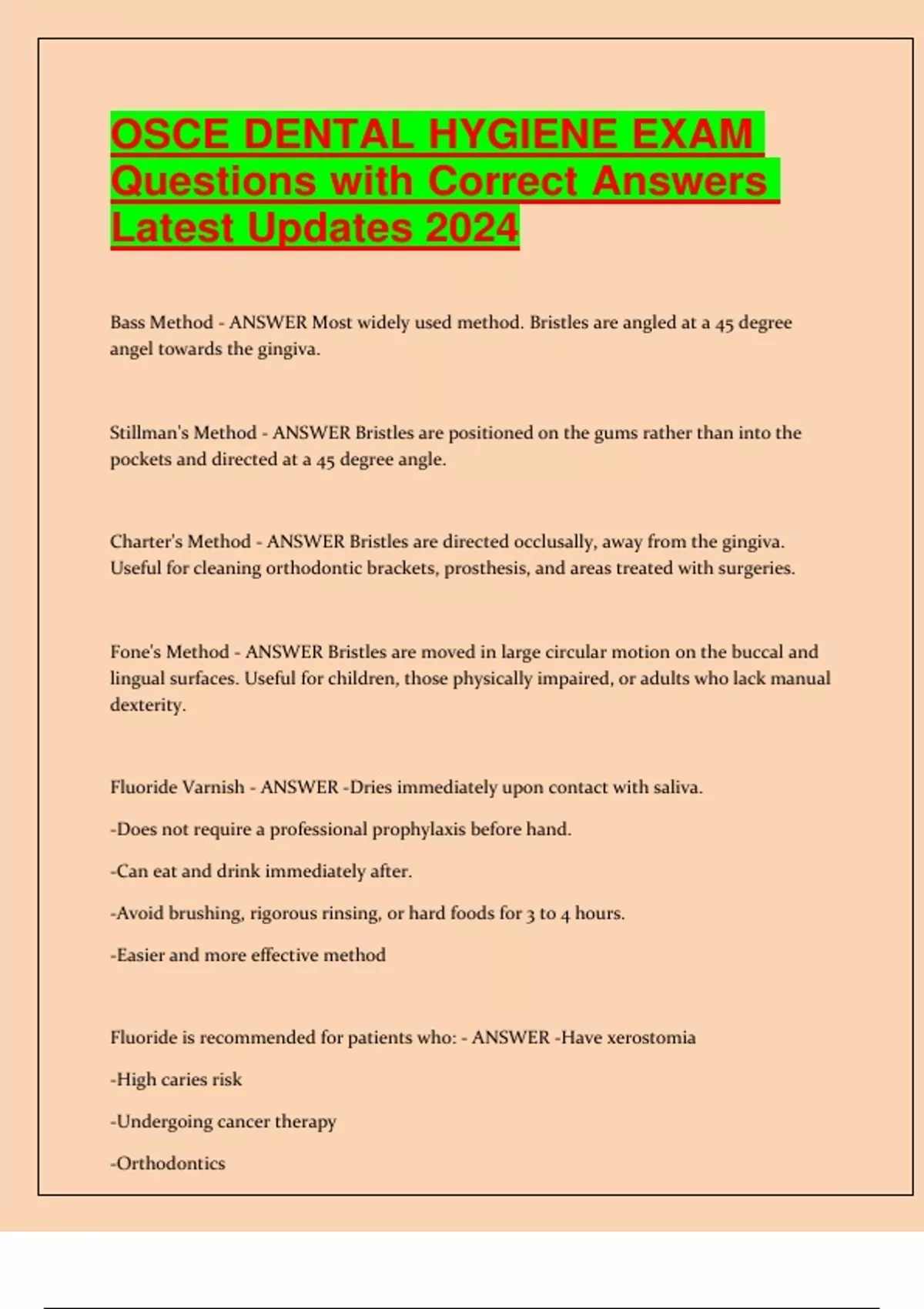 OSCE DENTAL HYGIENE EXAM Questions with Correct Answers Latest Updates ...