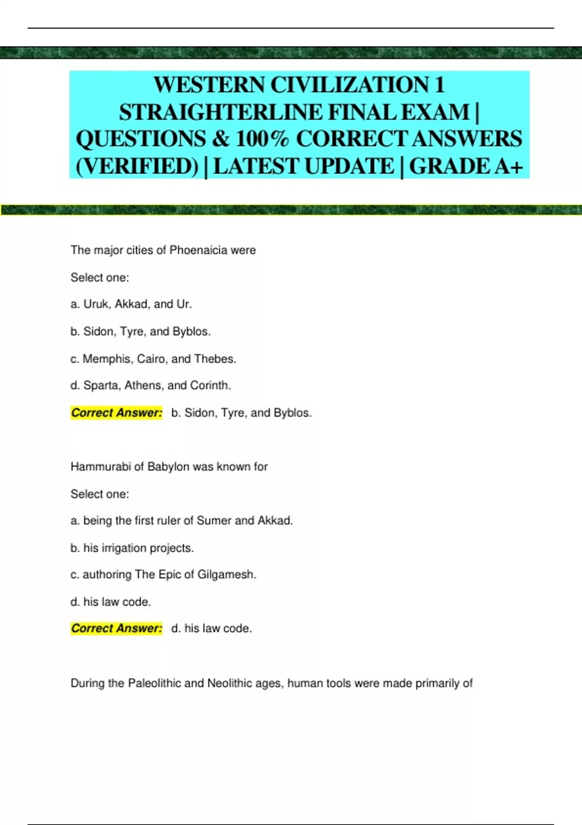 WESTERN CIVILIZATION 1 STRAIGHTERLINE FINALEXAM | QUESTIONS & 100% ...