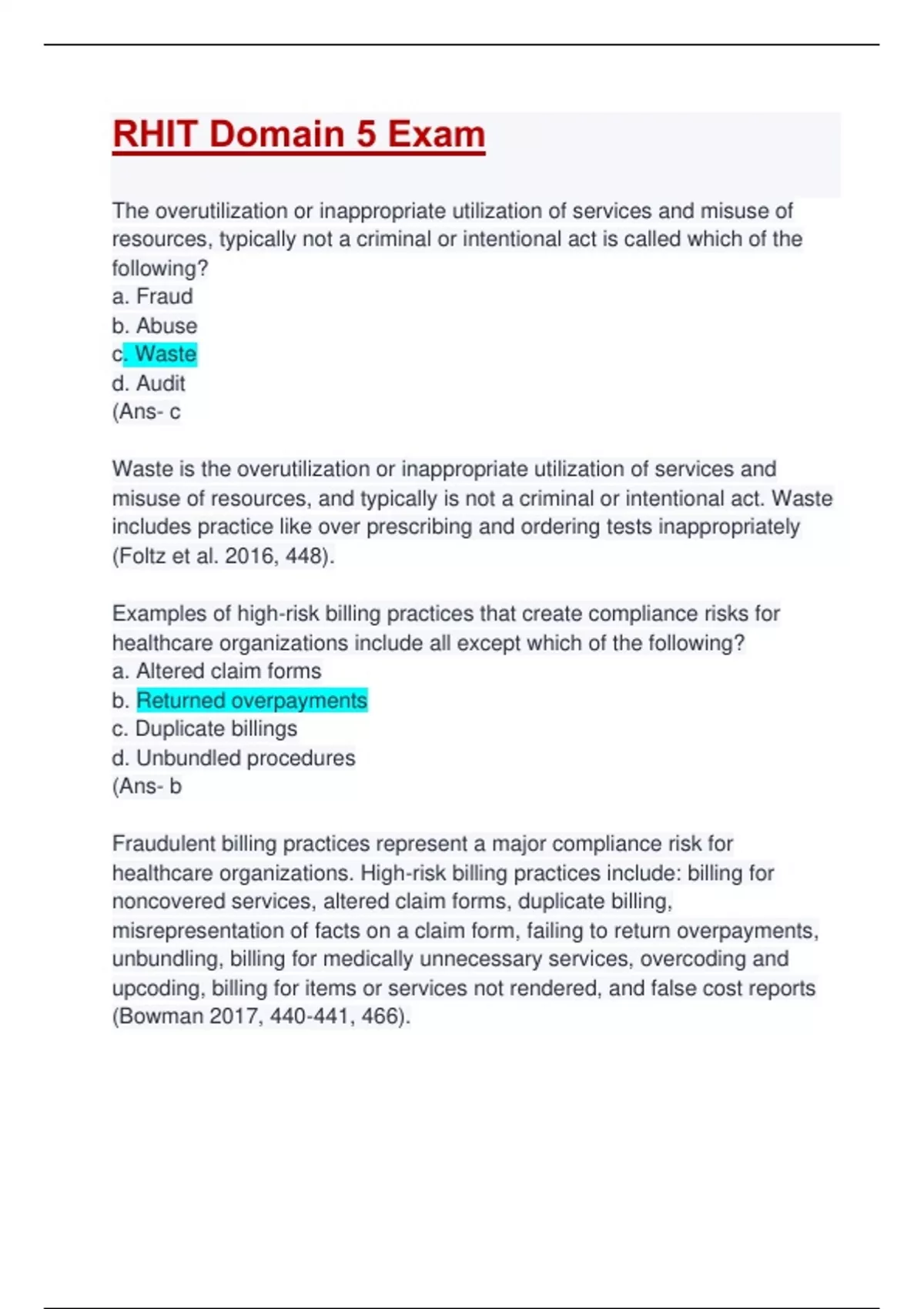 RHIT Domain 5 Exam: 100% Verified Questions & Answers: Guaranteed A+ ...