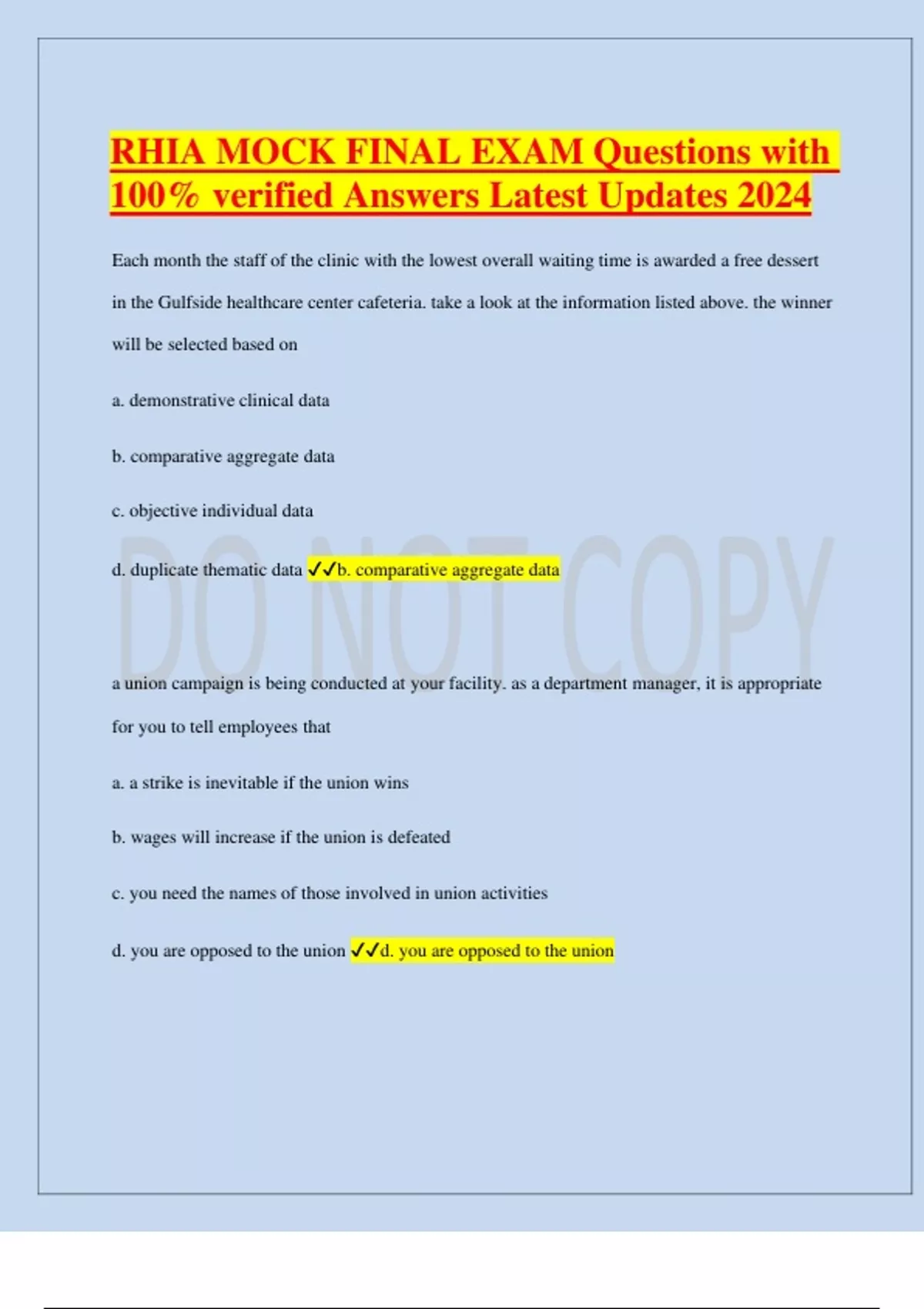 RHIA MOCK FINAL EXAM Questions with 100% verified Answers Latest ...
