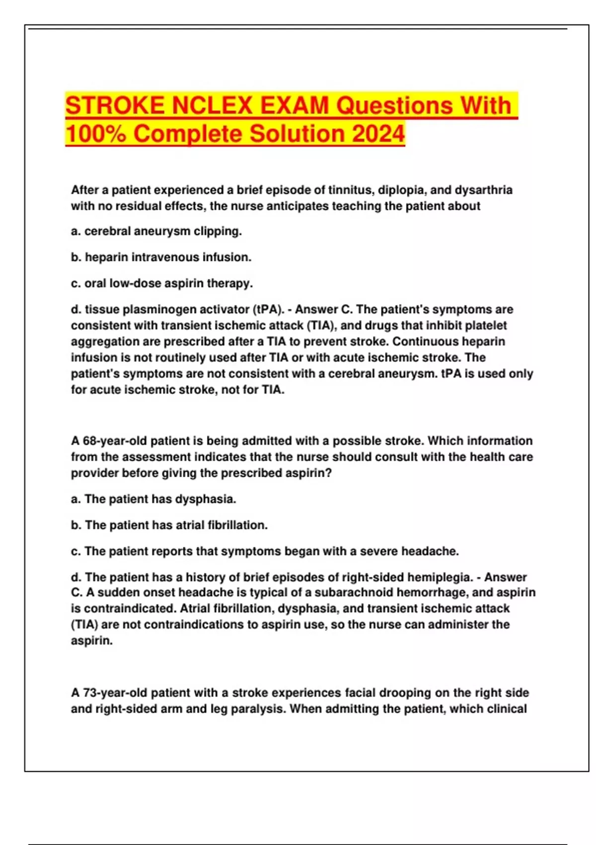 STROKE NCLEX EXAM Questions With 100% Complete Solution 2024 - STROKE ...