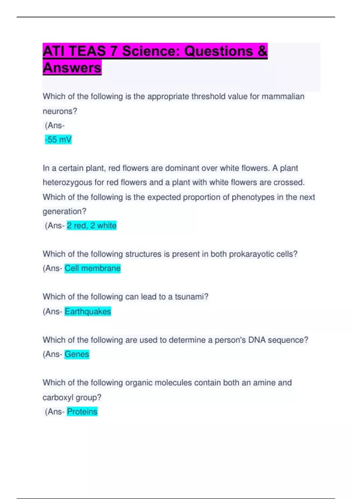 ATI TEAS 7 Science: Questions & Answers 2024 UPDATE - TEAS 7 SCIENCE ...