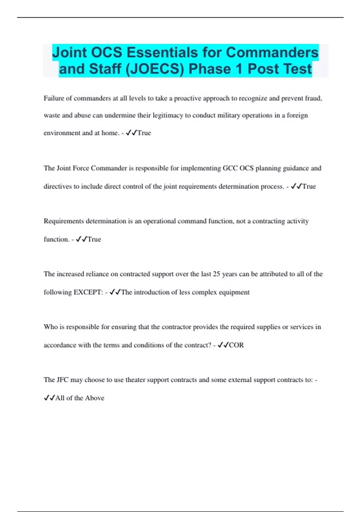 Joint OCS Essentials for Commanders and Staff (JOECS) Phase 1 Post Test ...