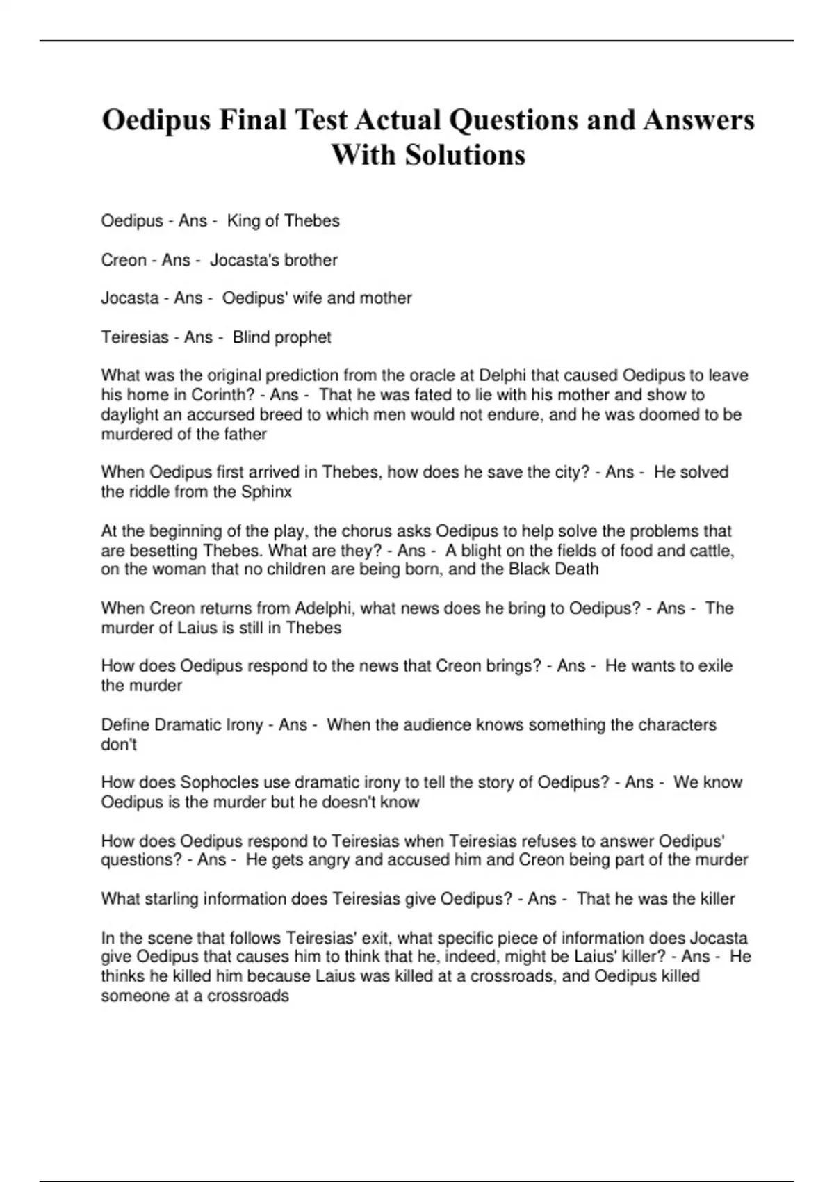 Oedipus Final Test Actual Questions and Answers With Solutions ...