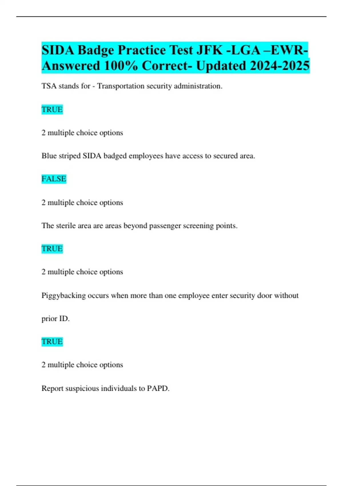 SIDA Badge Practice Test JFK -LGA –EWR-Answered 100% Correct-Updated ...