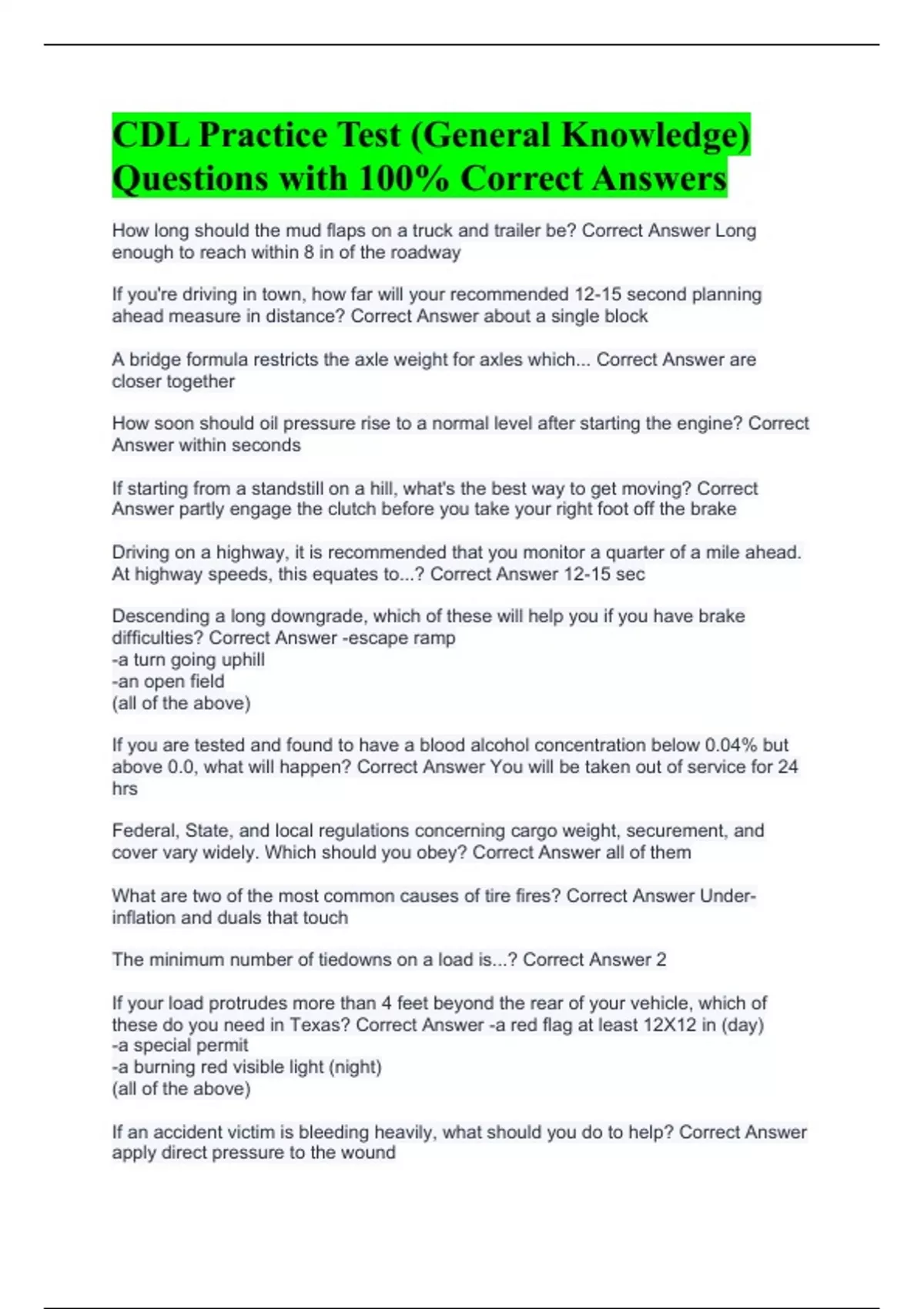 CDL Practice Test (General Knowledge) Questions with 100% Correct ...