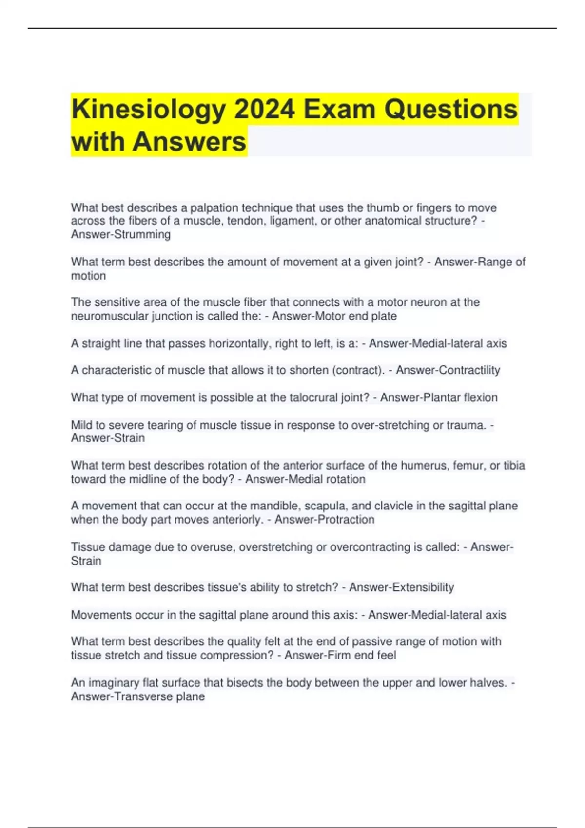 Kinesiology 2024 Exam Questions with Answers - Kinesiology - Stuvia US