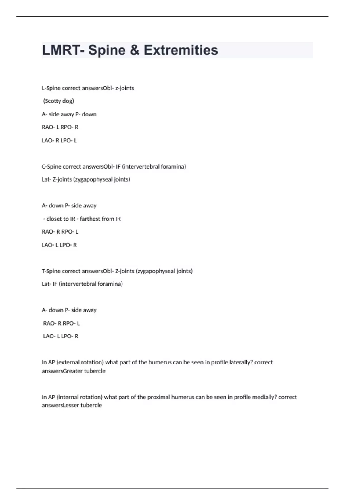 LMRT- Spine & Extremities exam 2024 with 100% correct answers - LMRT ...