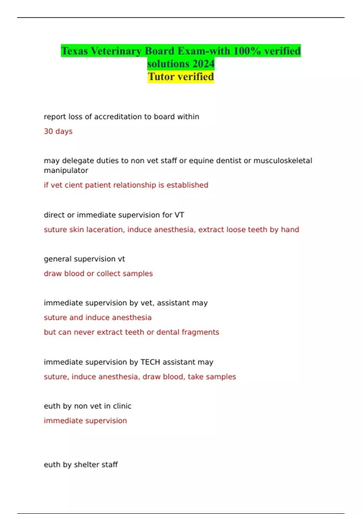 Texas Veterinary Board Exam-with 100% verified solutions 2024 - Texas ...