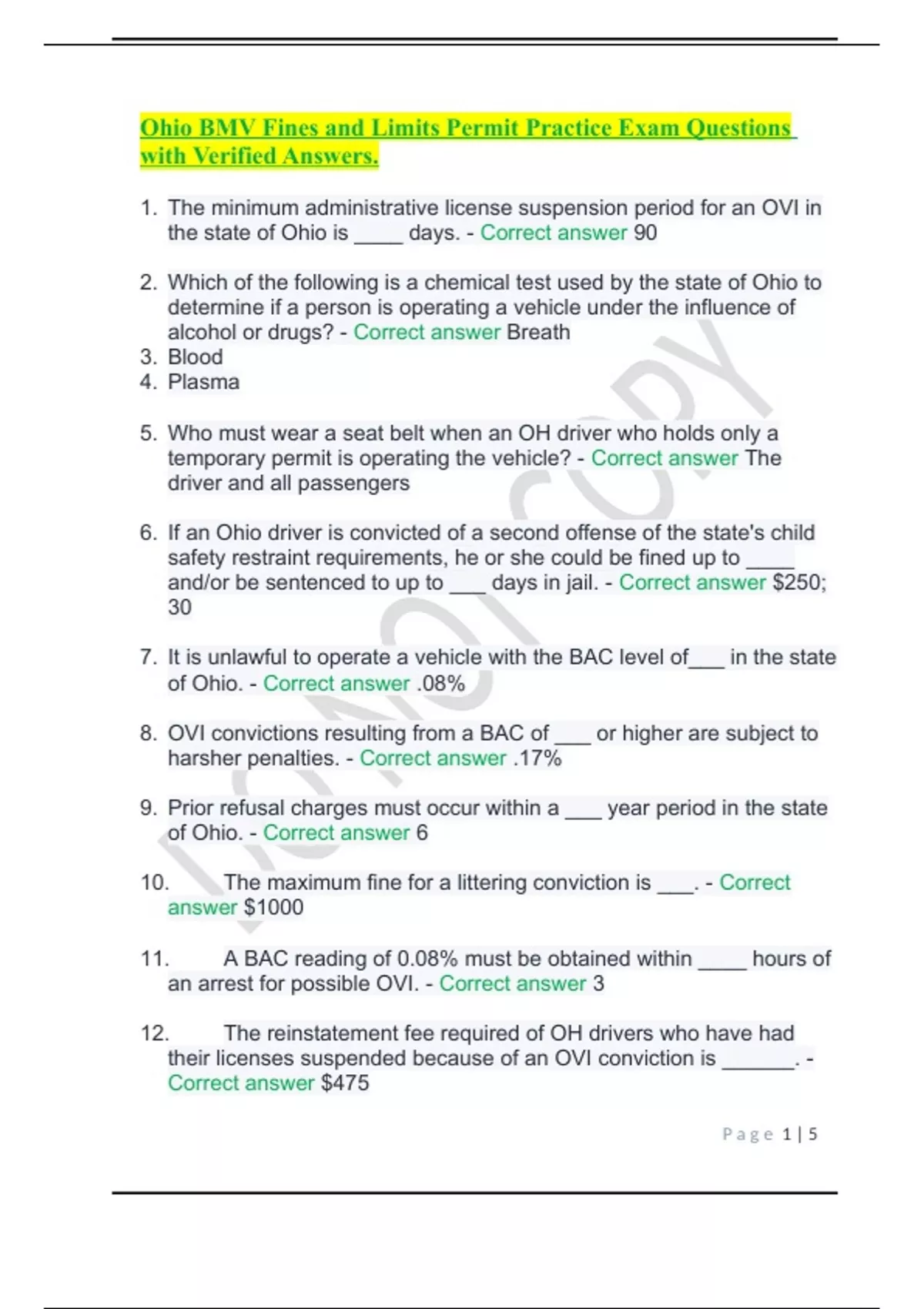 Ohio BMV Fines and Limits Permit Practice Exam Questions with Verified ...