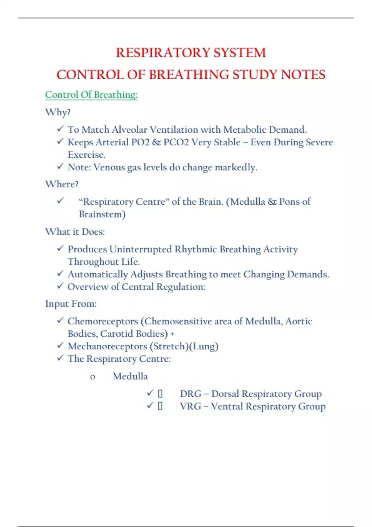 Summary RESPIRATORY SYSTEM CONTROL OF BREATHING STUDY NOTES ...