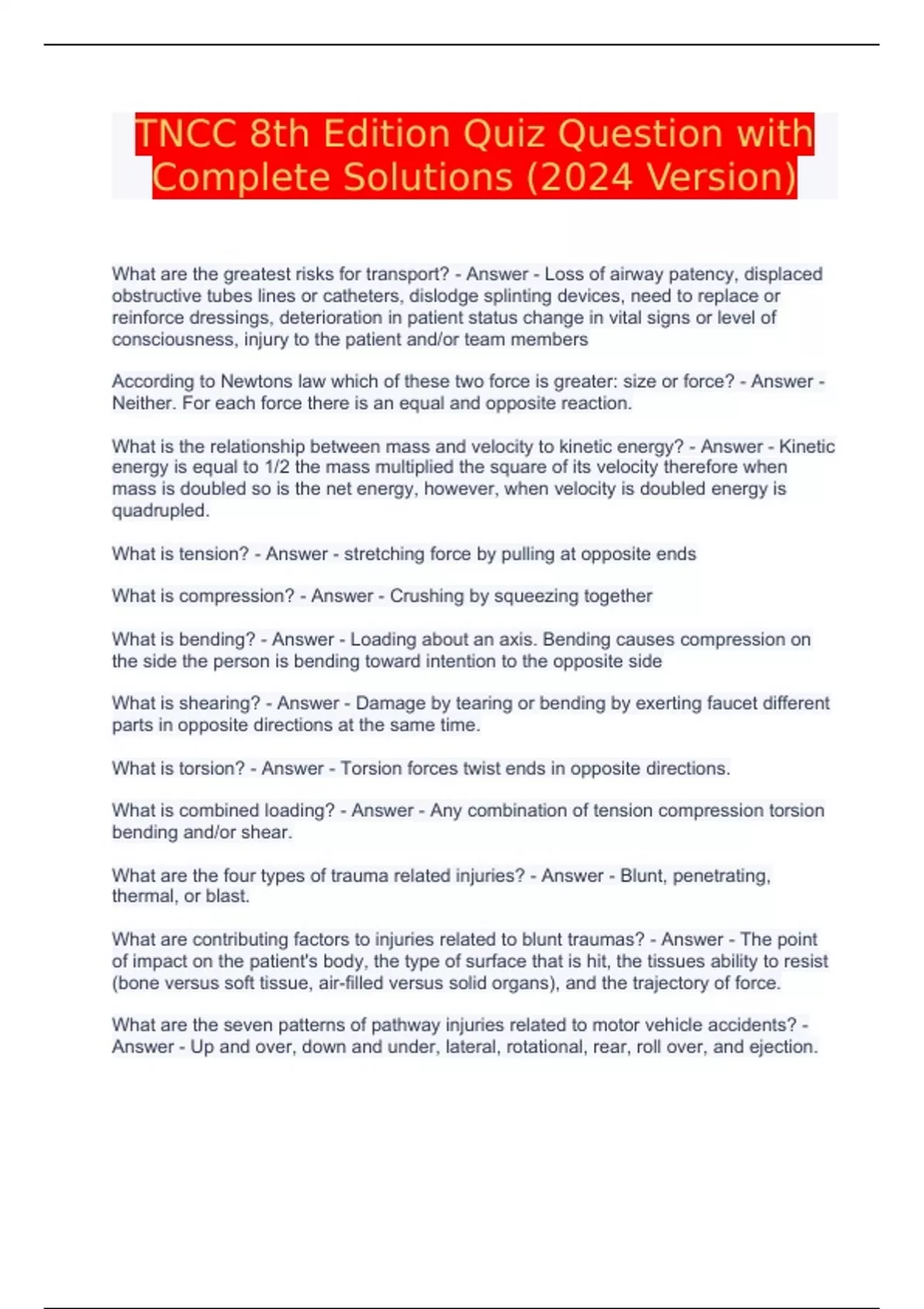 TNCC 8th Edition Quiz Question with Complete Solutions (2024 Version) - TNCC - Stuvia US