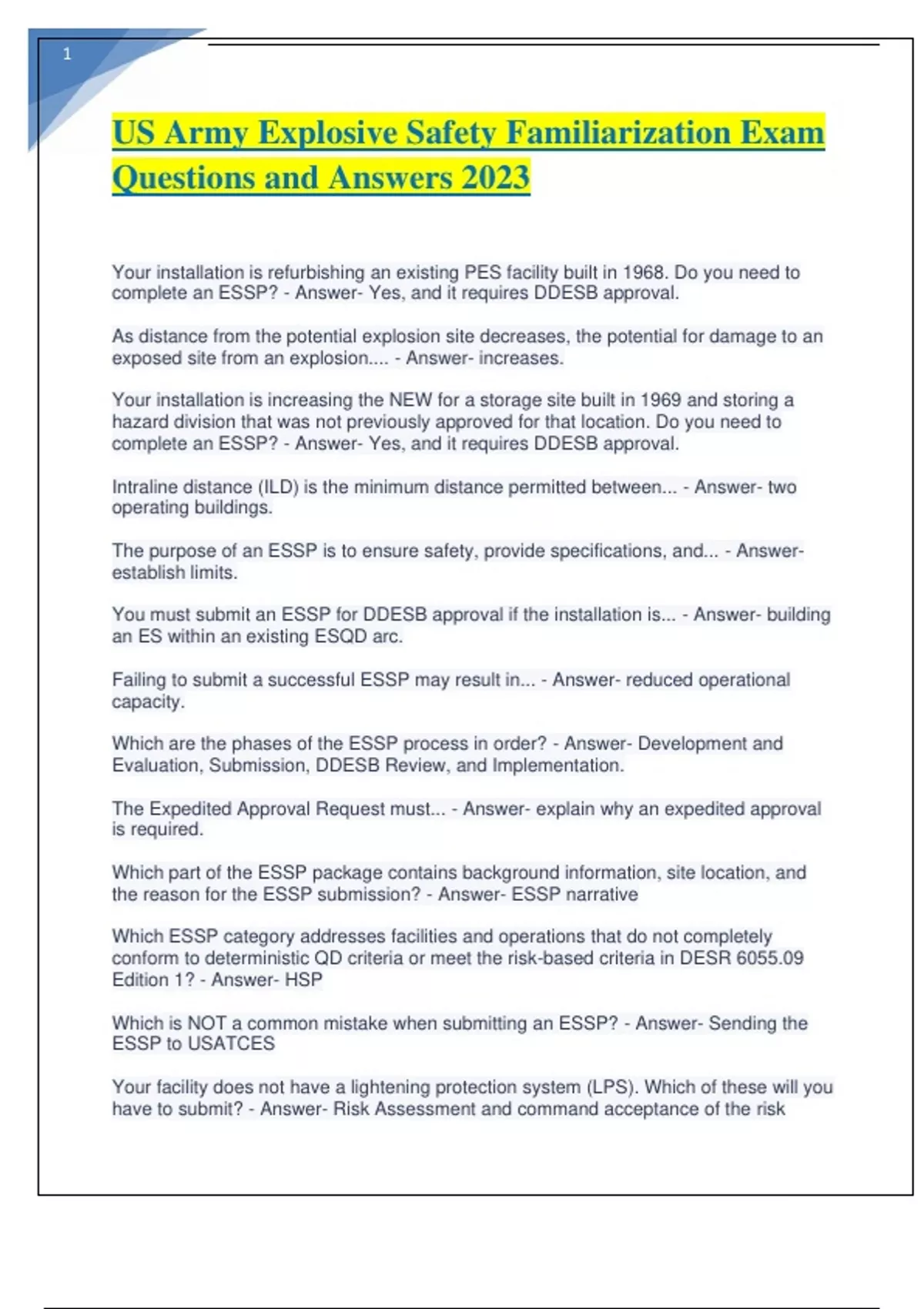 US Army Explosive Safety Familiarization Exam Questions and Answers ...