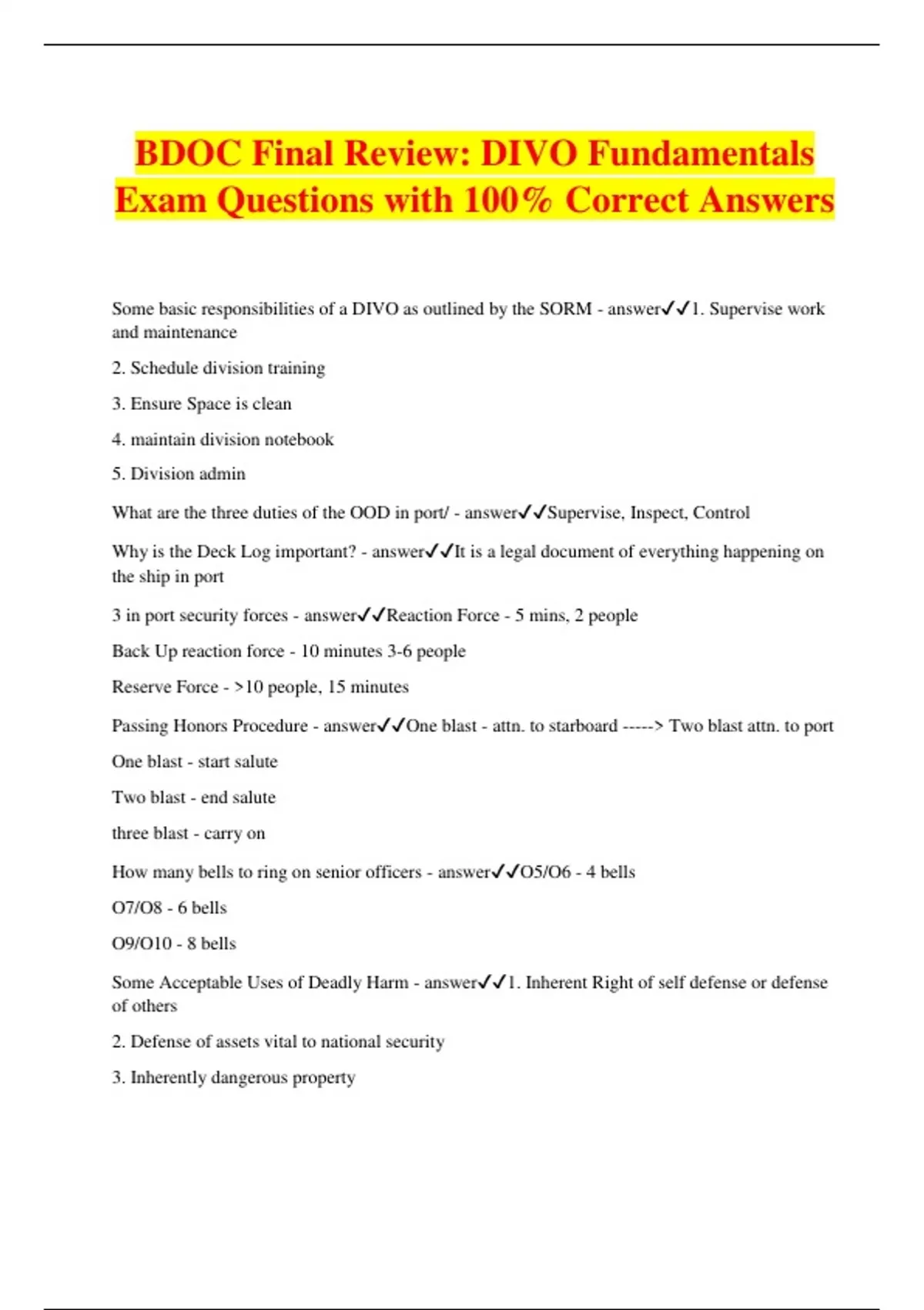 BDOC Final Review: DIVO Fundamentals Exam Questions with 100% Correct ...