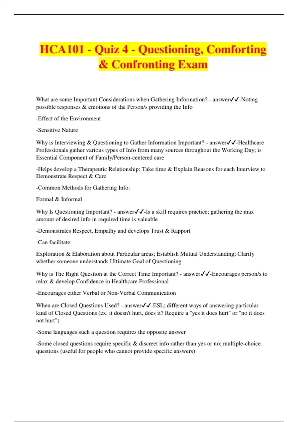 HCA101 - Quiz 4 - Questioning, Comforting & Confronting Exam - HCA 101 - Stuvia US