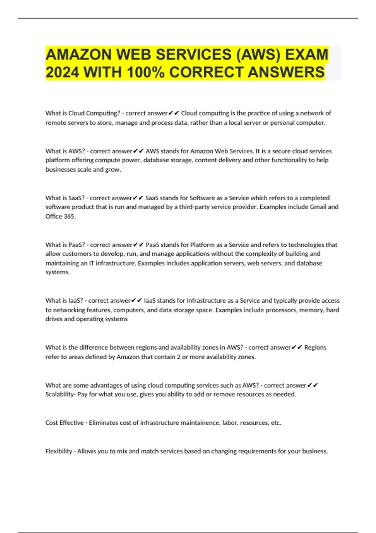 AMAZON WEB SERVICES (AWS) EXAM 2024 WITH 100% CORRECT ANSWERS - AMAZON ...