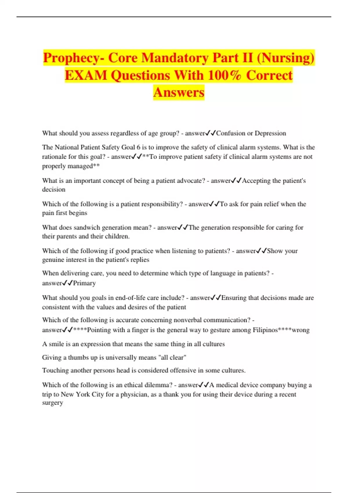 Prophecy- Core Mandatory Part II (Nursing) EXAM Questions With 100% ...