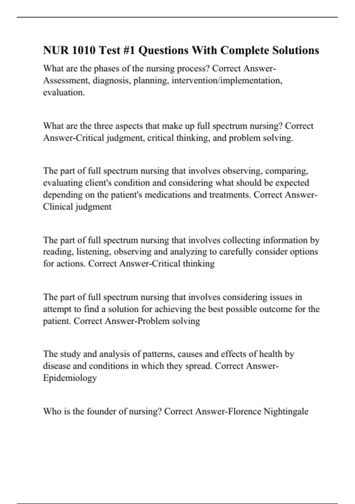 NUR 1010 Test #1 Questions With Complete Solutions - NUR 1010 - Stuvia US