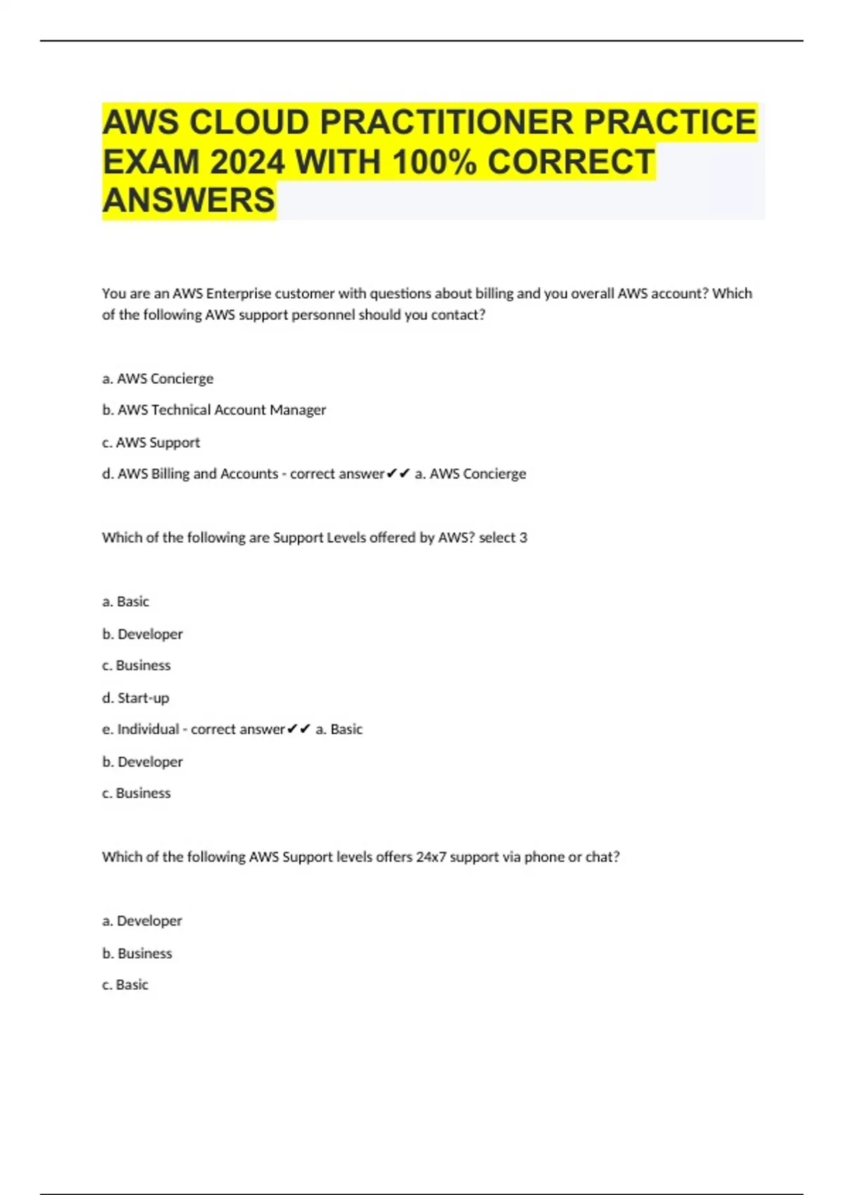 AWS CLOUD PRACTITIONER PRACTICE EXAM 2024 WITH 100% CORRECT ANSWERS - AMAZON WEB SERVICES ...