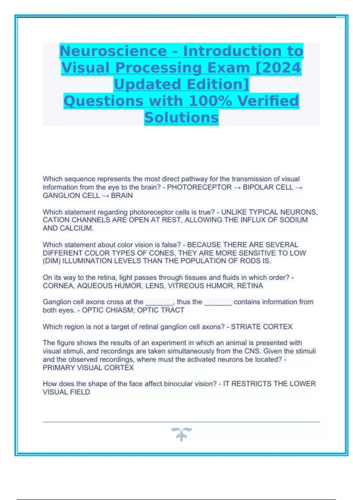 Neuroscience - Introduction to Visual Processing Exam [2024 Updated ...