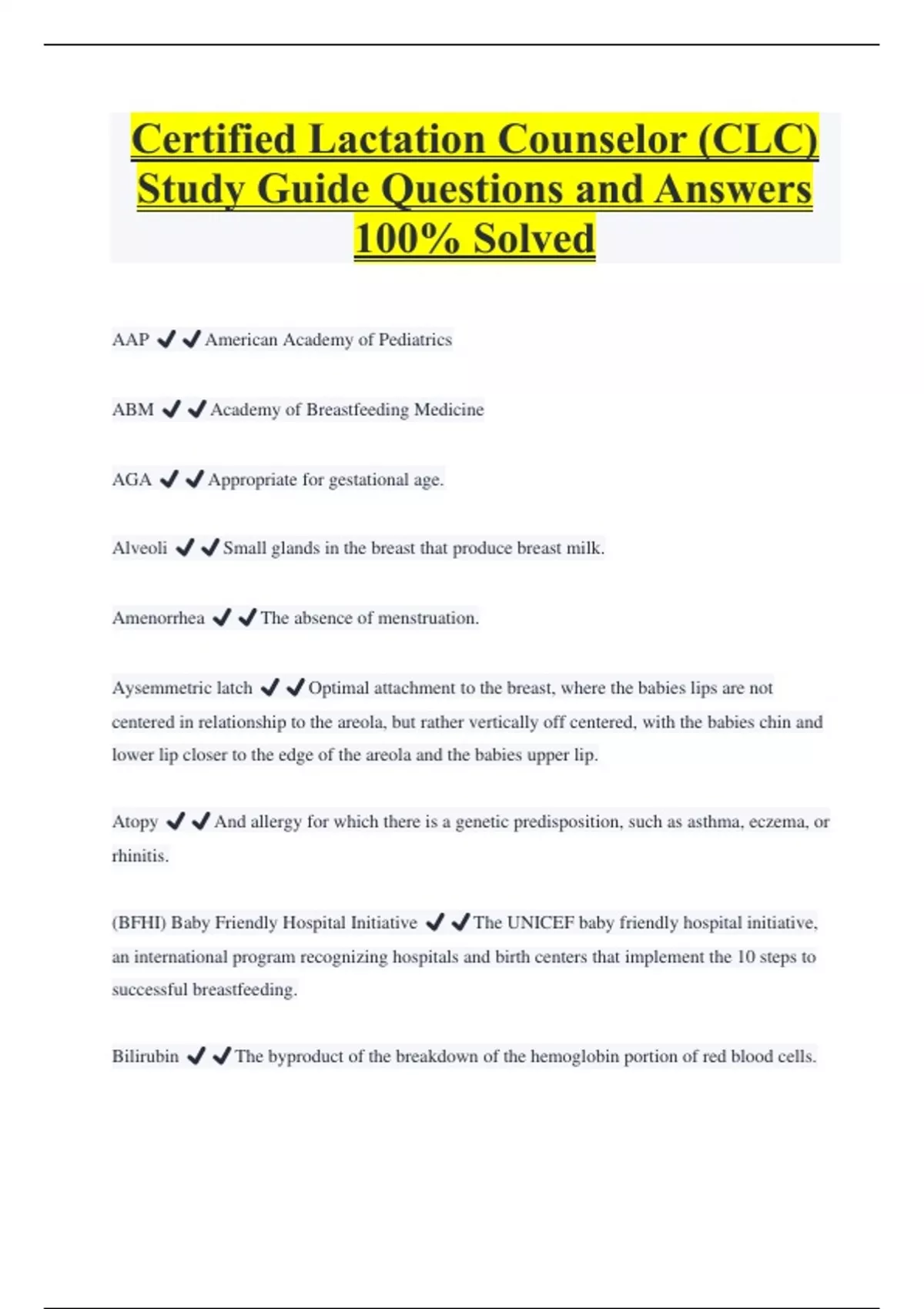 Certified Lactation Counselor (CLC) Study Guide Questions and Answers ...