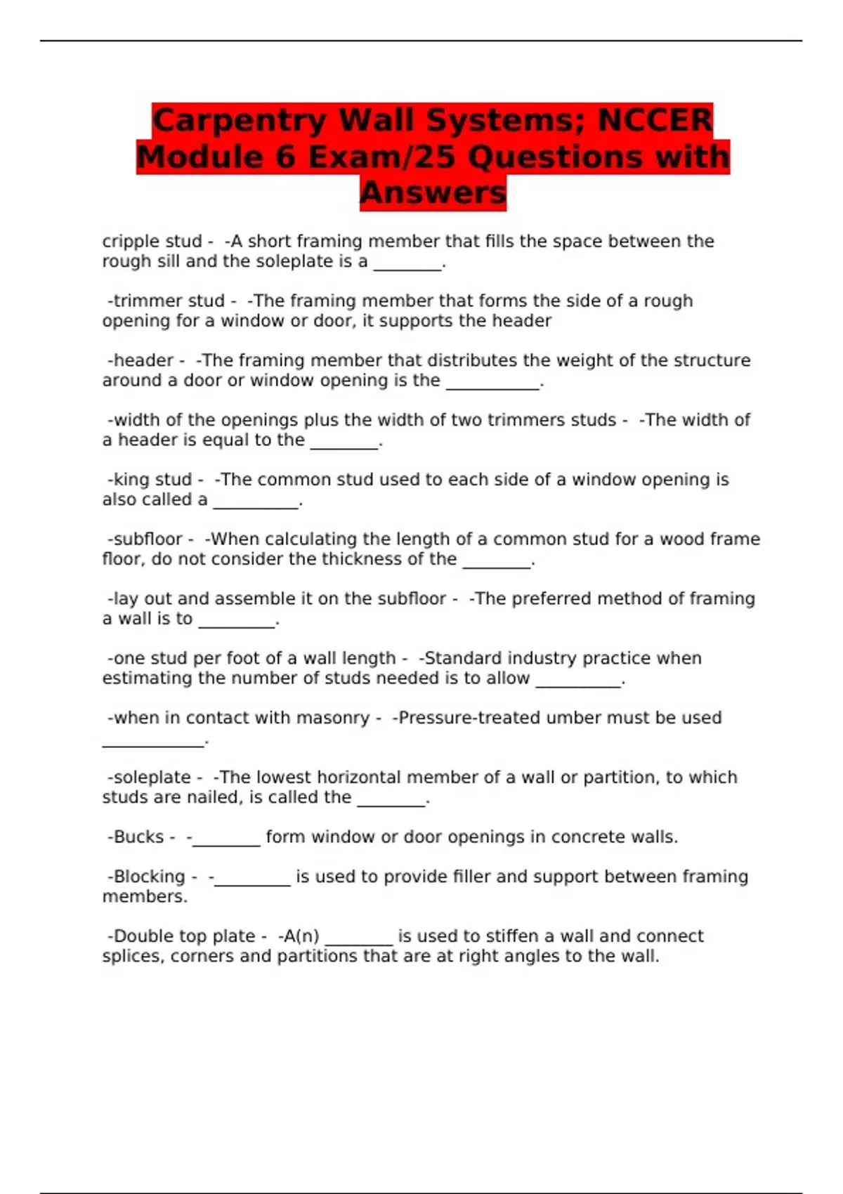 Carpentry Wall Systems; NCCER Module 6 Exam/25 Questions with Answers ...