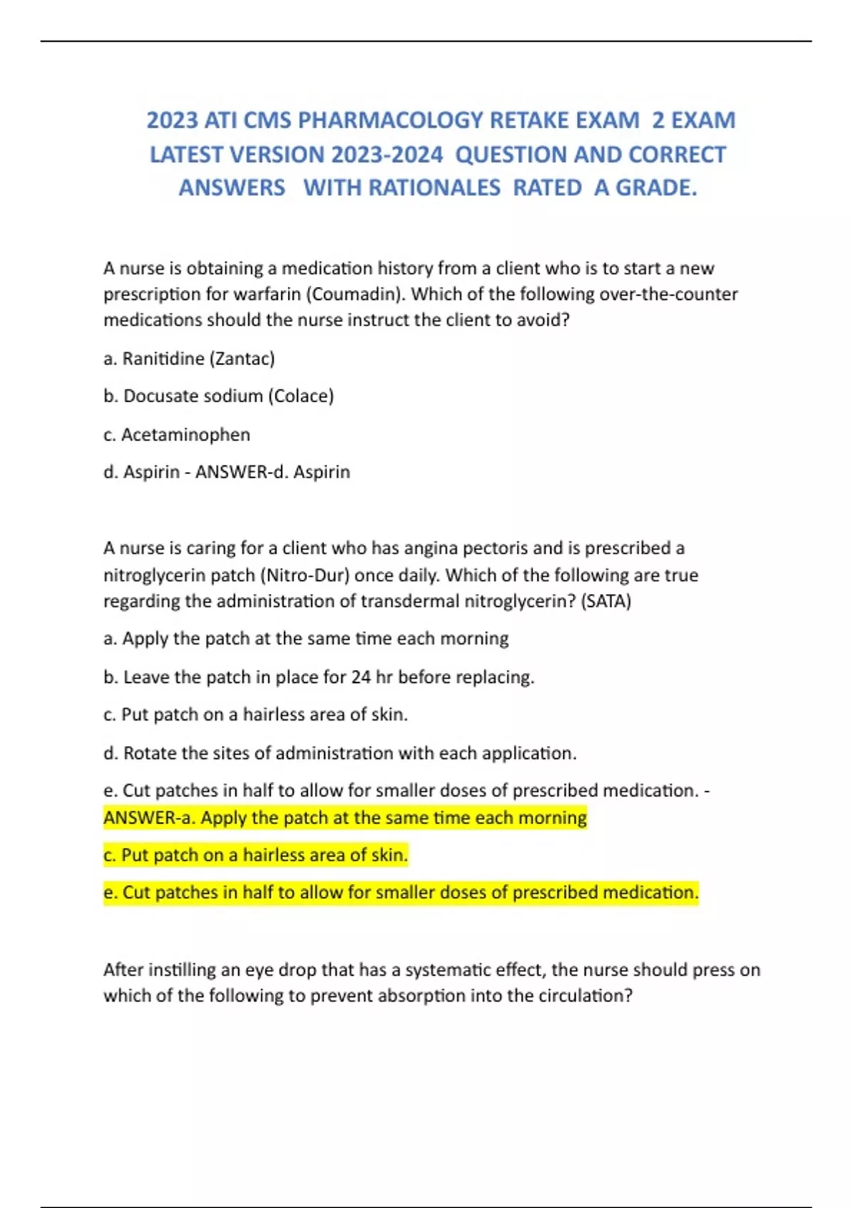 2023 ATI CMS PHARMACOLOGY RETAKE EXAM 2 EXAM LATEST VERSION QUESTION ...