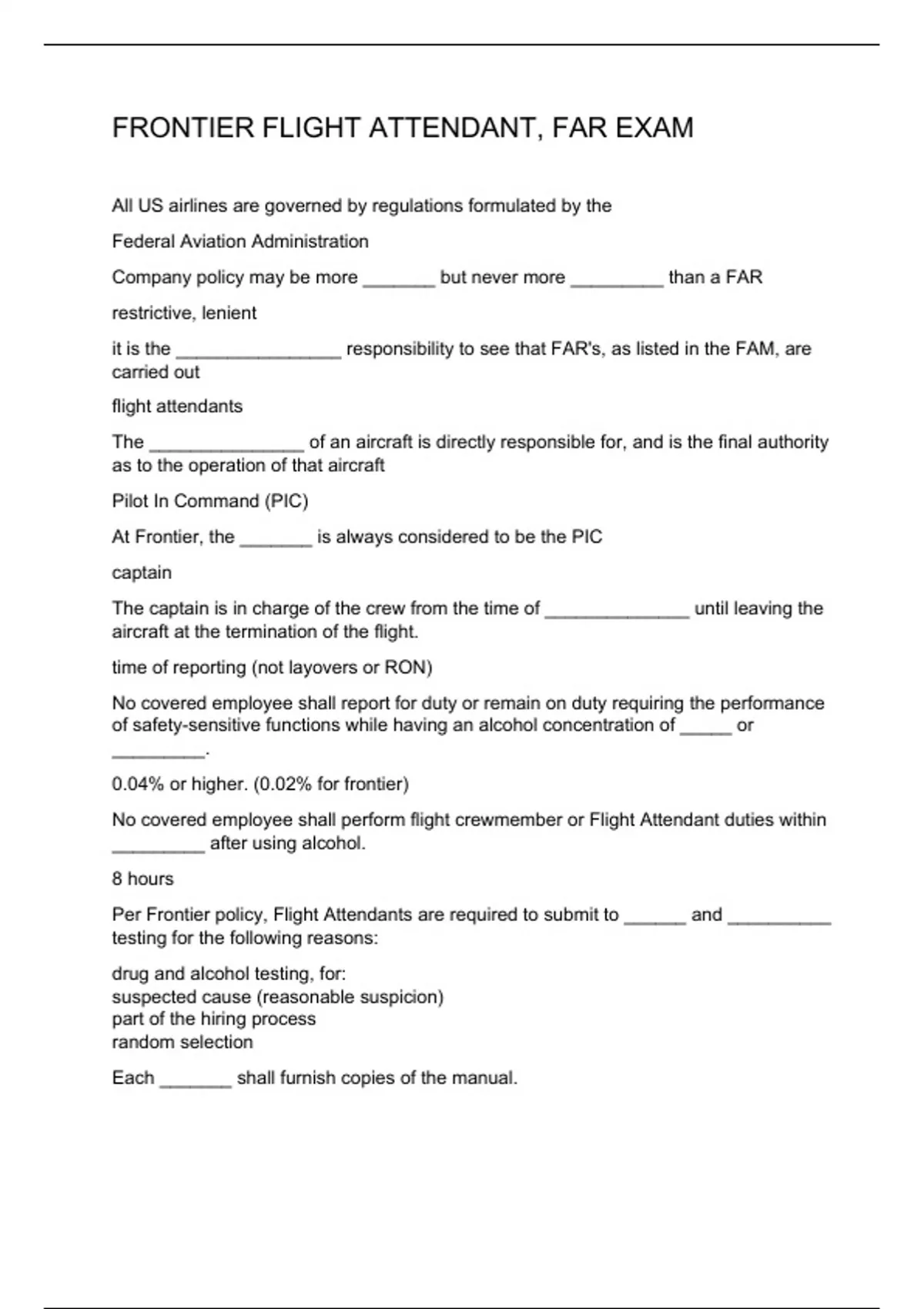 FRONTIER FLIGHT ATTENDANT, FAR EXAM - FRONTIER FLIGHT ATTENDANT, FAR ...