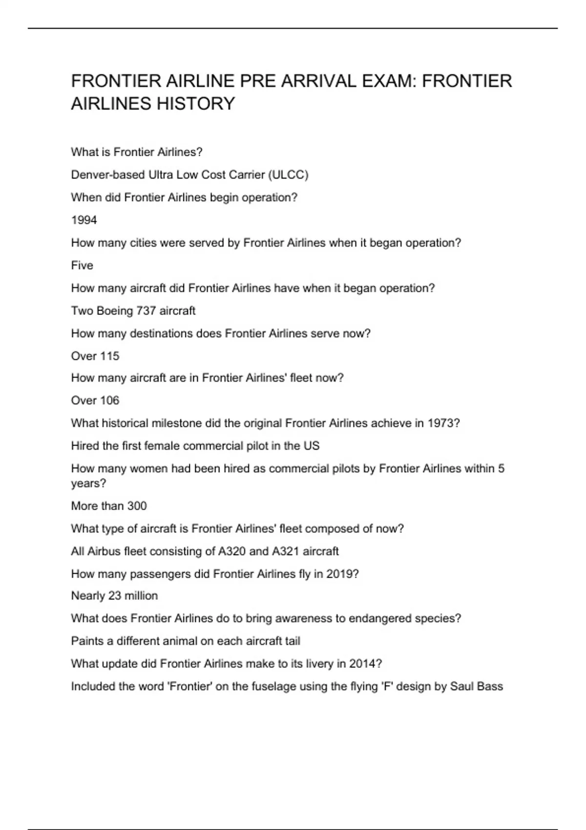 FRONTIER AIRLINE PRE ARRIVAL EXAM: FRONTIER AIRLINES HISTORY - FRONTIER ...