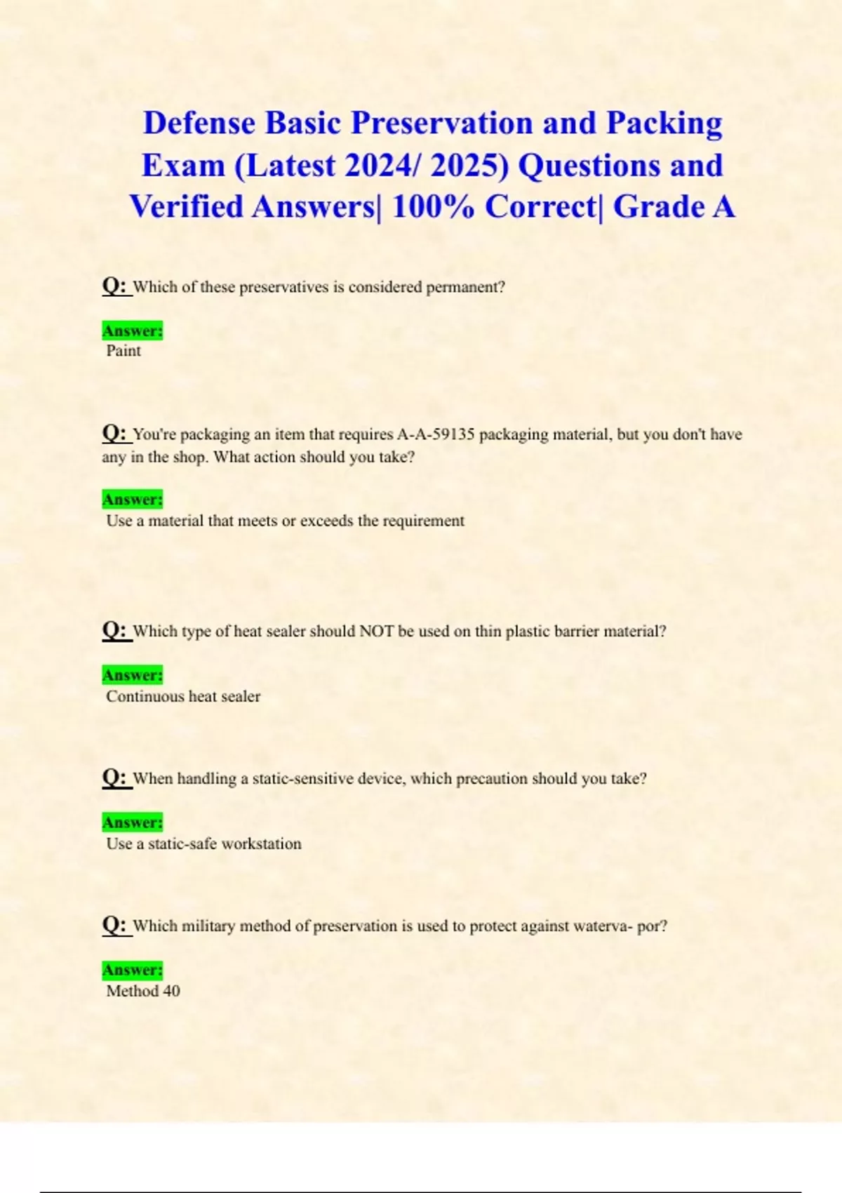 Defense Basic Preservation and Packing Exam (Latest 2024/ 2025 ...