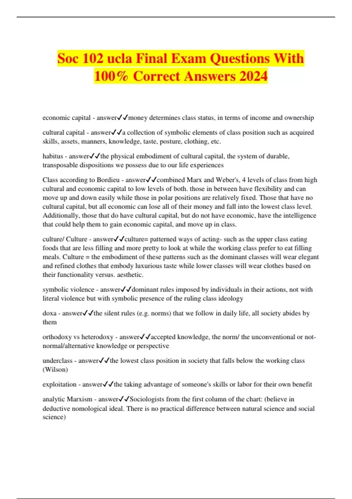 Soc 102 ucla Final Exam Questions With 100% Correct Answers 2024 - UCLA - Stuvia US