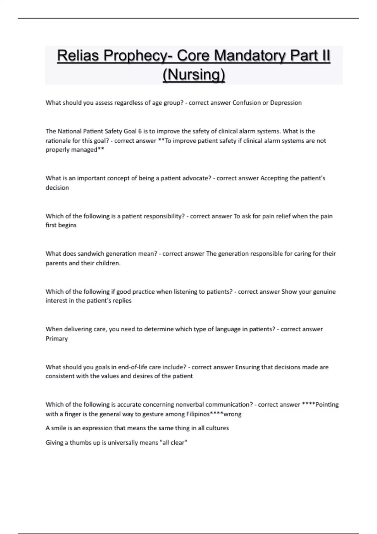 Relias Prophecy- Core Mandatory Part II (Nursing) Questions and answers ...
