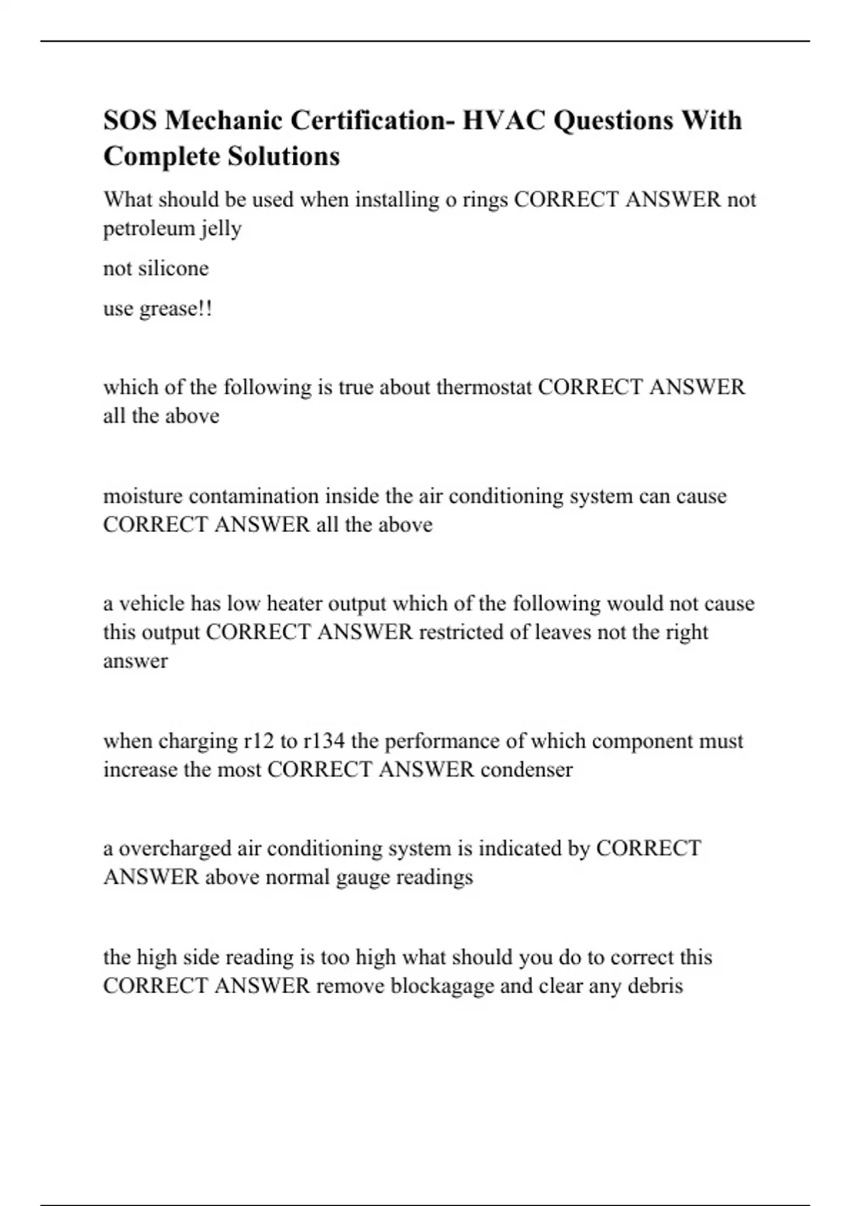 SOS Mechanic Certification- HVAC Questions With Complete Solutions - SOS Mechanic Certification ...
